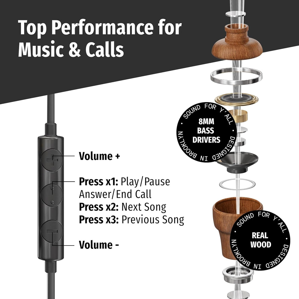 Symphonized Premium Wooden Airtube Headphones EMF Earbuds, 3D Sound, M